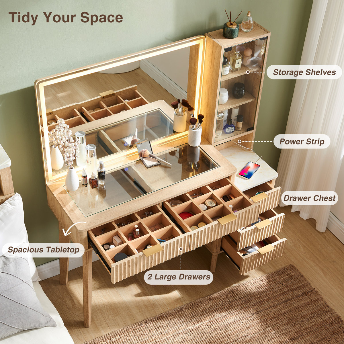 Wade Logan Carsin 48" Fluted Makeup Vanity Desk with 36" Big Lighted Mirror, Glass Top, Charging ...